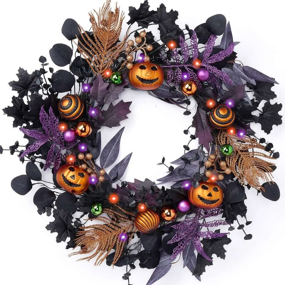 Pre-Lit Jack-O-Lantern Wreath - 24 Inch Pumpkin Halloween Wall Decor ...