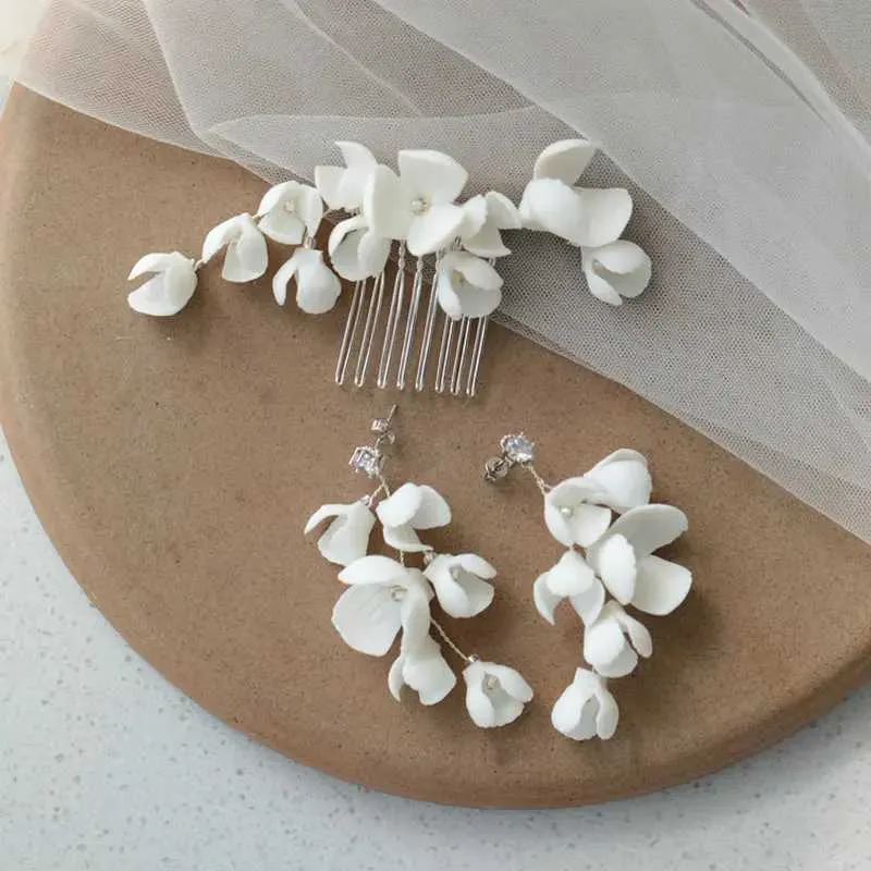 Bridal Hair Comb Set: Handmade Ceramic Flower with Rhinestone Silver ...