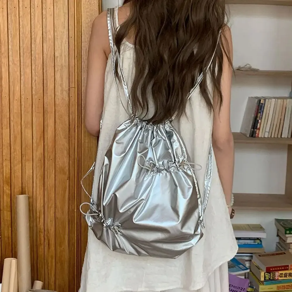 Silver Ruched Nylon Drawstring Backpack - Large Capacity, Foldable ...