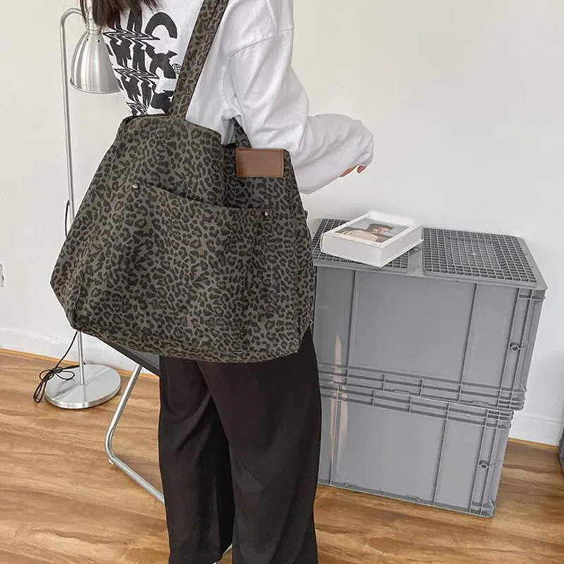 Large Capacity Canvas Tote - Elegant Leopard Print Drawstring Shoulder ...