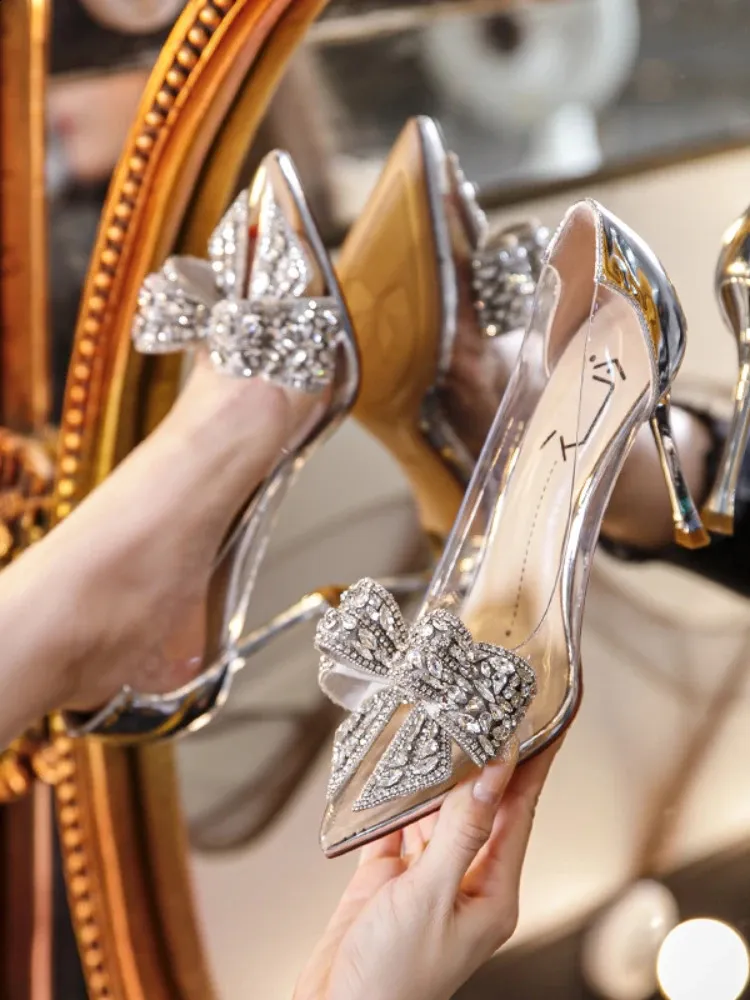 Women's Crystal Rhinestone Butterfly Knot Pointed Toe High Heel Sandals ...