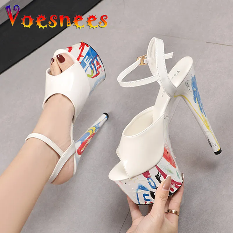 Women's White Graffiti Platform White Heeled Sandals With Super High ...