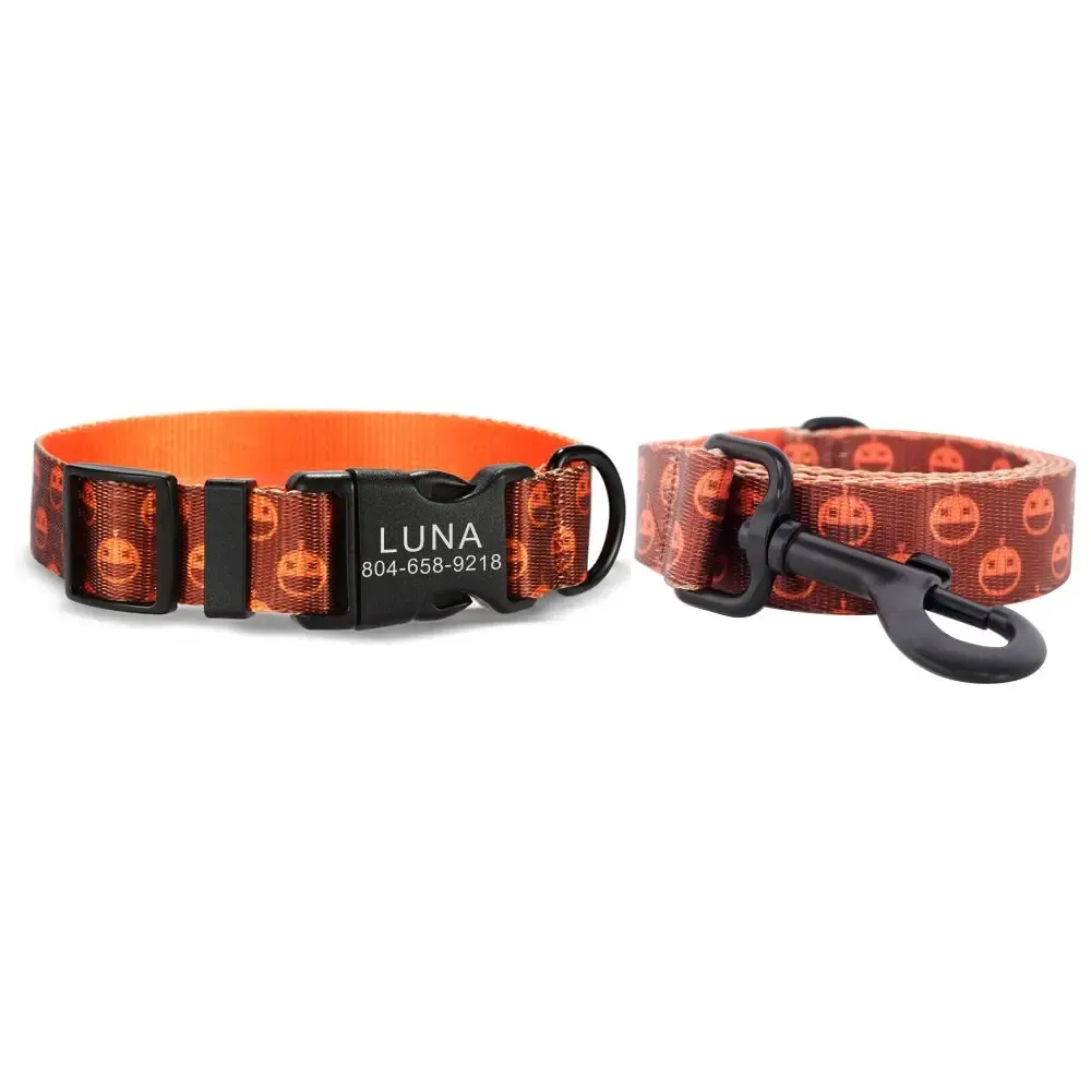 Personalized Pet ID Collar & Leash Set - Adjustable, Soft Fiber, Brown ...