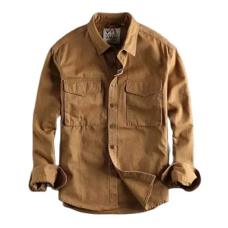 Men's Long Sleeve Cargo Shirt - Premium Cotton, Solid Colors, Casual ...