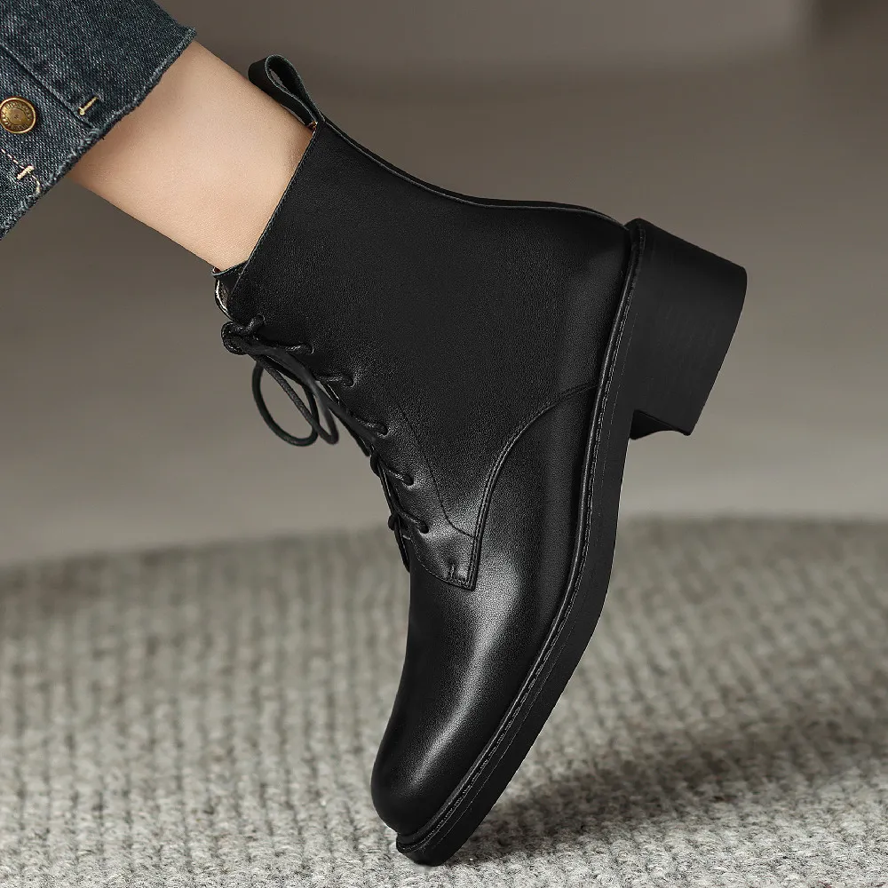 Leather lace up boots women brown ankle half boots with zip closure and ...