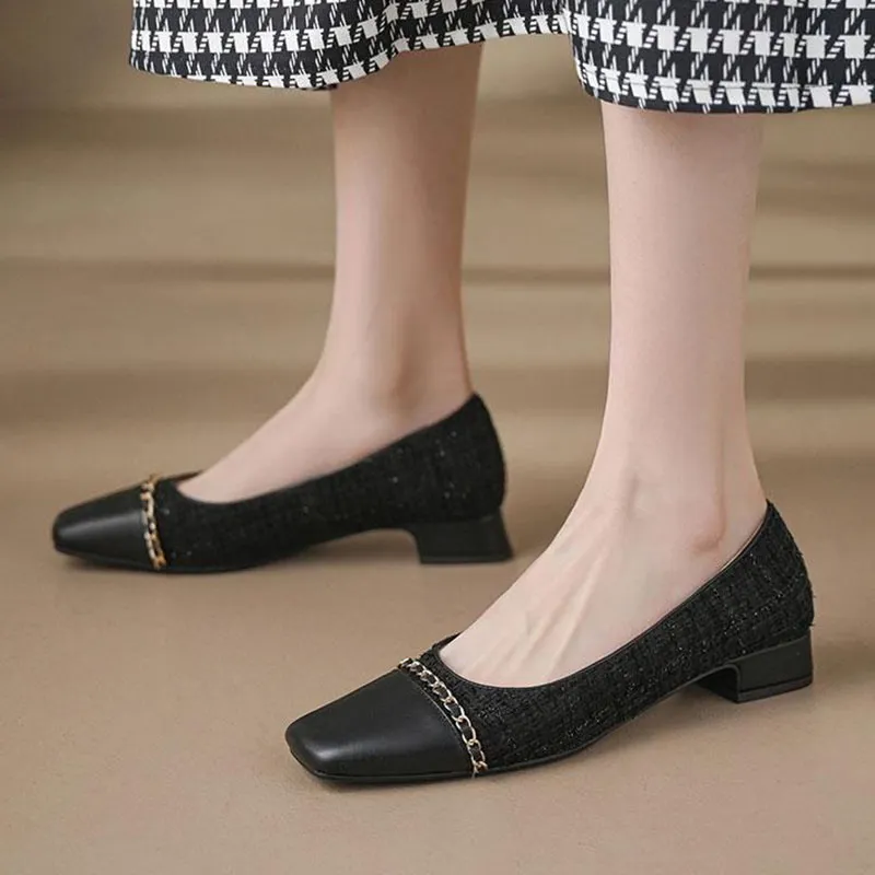 Designer Women's Square Toe Low Heel Boat Shoes Tweed Plaid Slip On ...