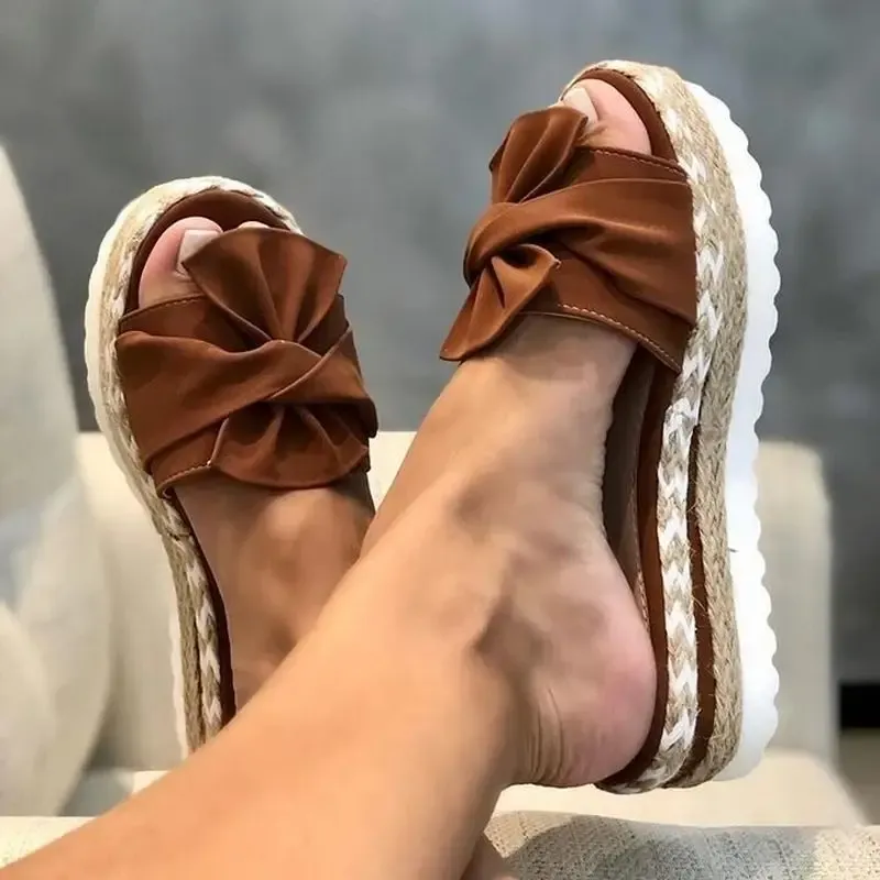 Women's Platform Wedge Slippers with Bow Tie Peep Toe - Summer Beach ...