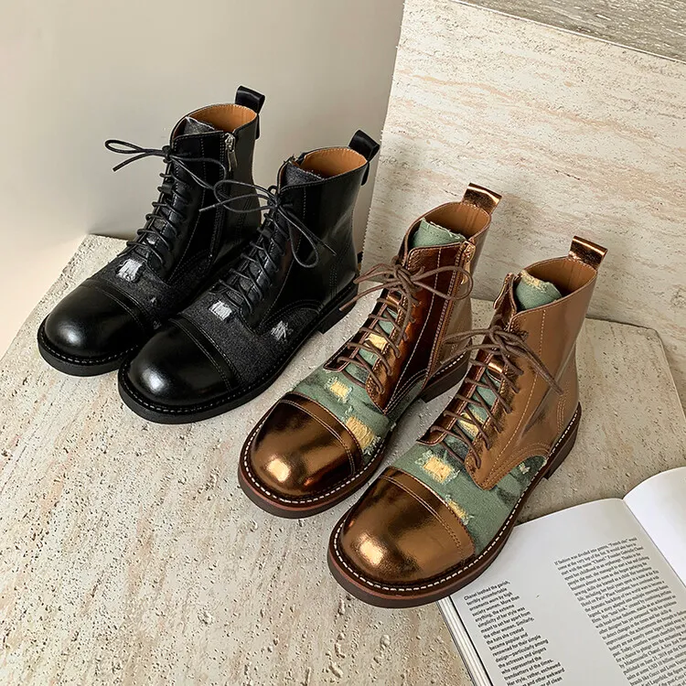 Chic Round Toe Low Heel Booties: Autumn Fashion Mixed Color Lace Denim ...