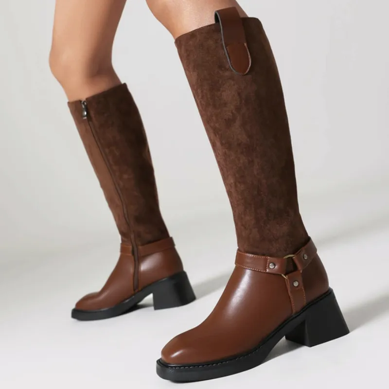 Vintage Knee High Brown Riding Boots For Women Warm Black Low Heel ...