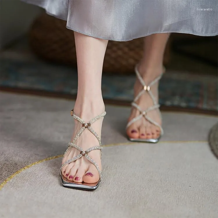 Women's Silver Open Toe Roman Sandals with Thin Straps and Thick Square ...