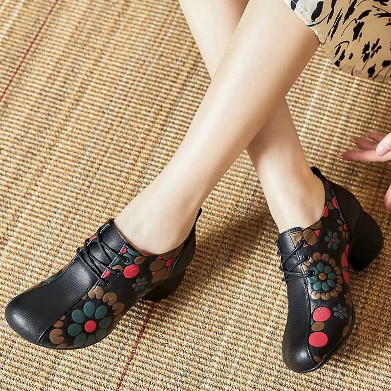 Women's Genuine Leather Lace-Up Pumps, Chinese Style Printing, Concise ...