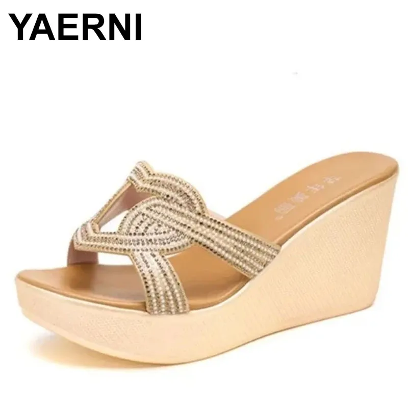 Elegant Gold Rhinestone Heart Wedges - Comfortable 8cm High Heels for ...
