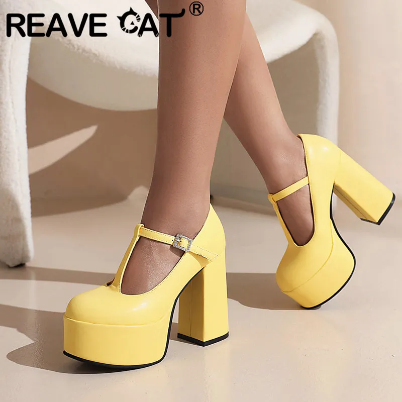 Reave Women's Pumps Round Toe Block Heels 11cm Platform 5cm Heel T ...