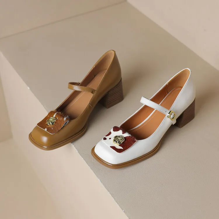 Genuine Leather Square Toe High Heel Pumps - Fashionable Mary Janes ...
