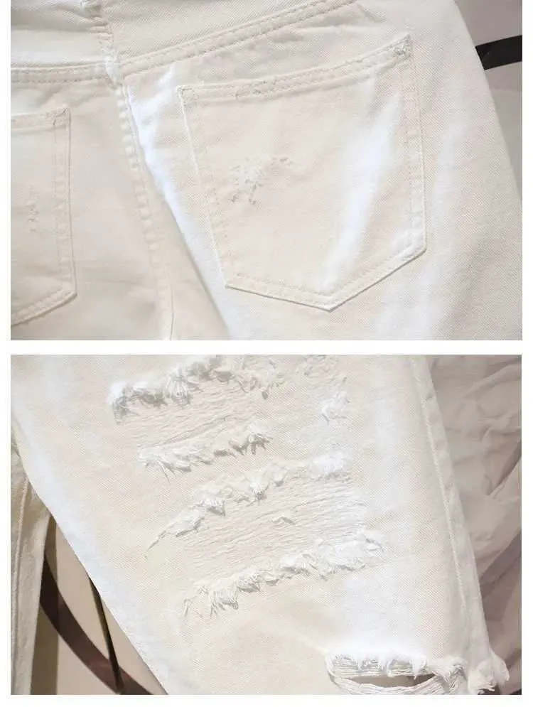 Men's Summer White Denim Shorts - Loose Fit, Tattoo Tear Design, Casual ...