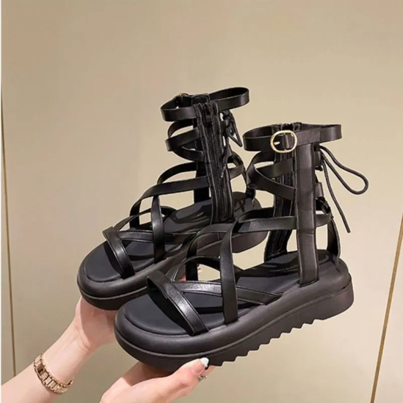 Gladiator Flat Heel Sandals for Women Black Patent Leather with Zip ...