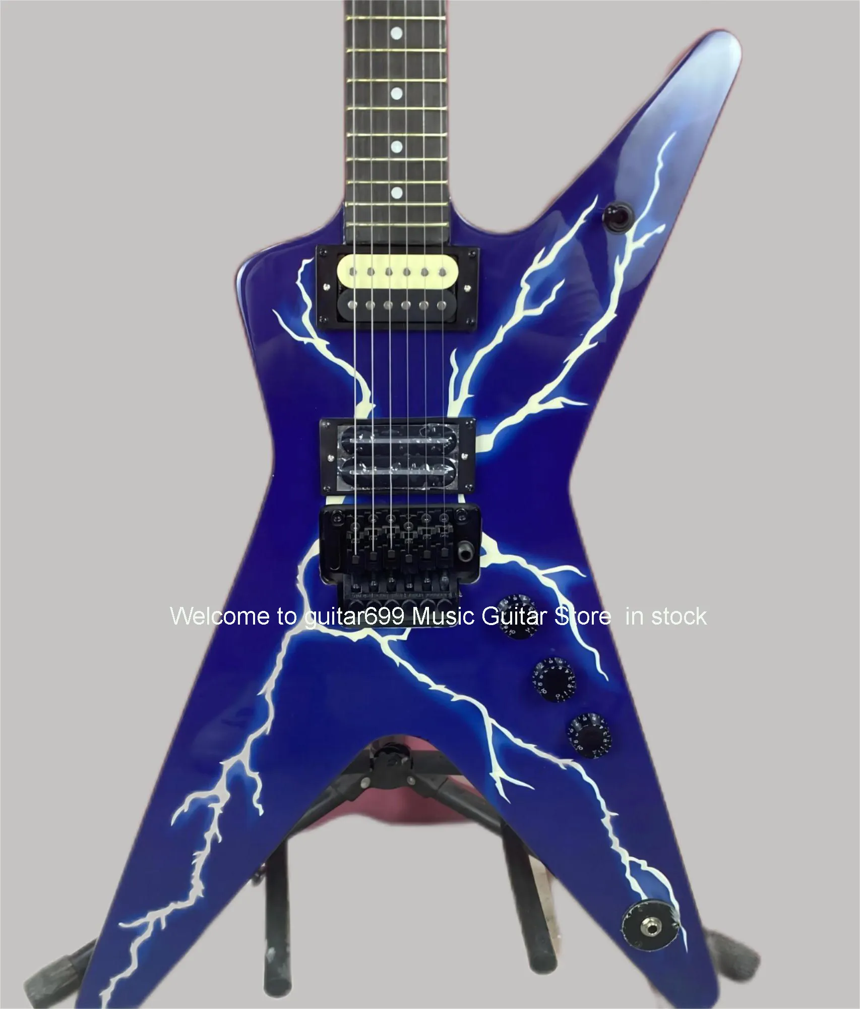 Blue Flying V Electric Guitar with Active Pickups, Shark Fin Inlay ...