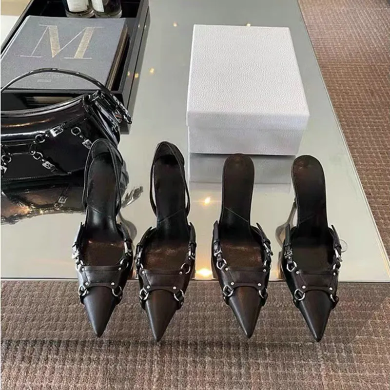 European Black High Heel sandals for women with Sense Belt Buckle ...