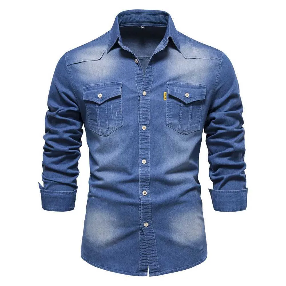 Men's 100% Cotton Denim Long Sleeve Shirt - Casual Retro Style Jacket ...