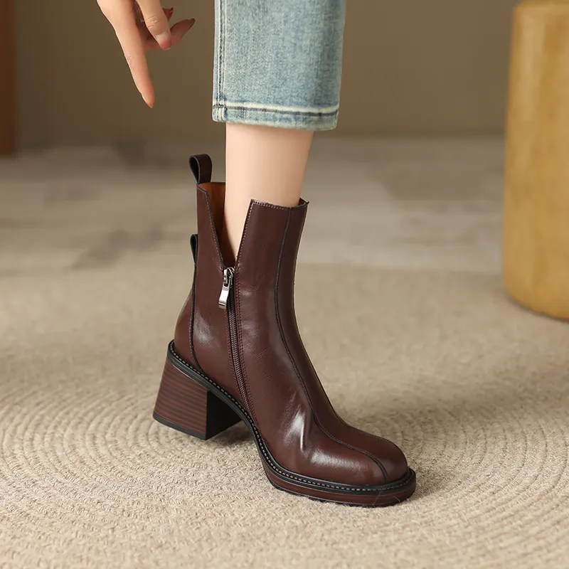 Women's Genuine Leather Platform Boots - Square Toe, High Heel, Autumn ...