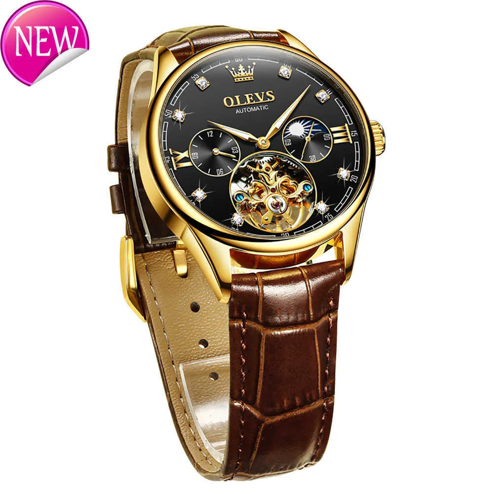 OLEVS 3601 Tourbillon Skeleton Luxury Business Watch With Moon Phase ...