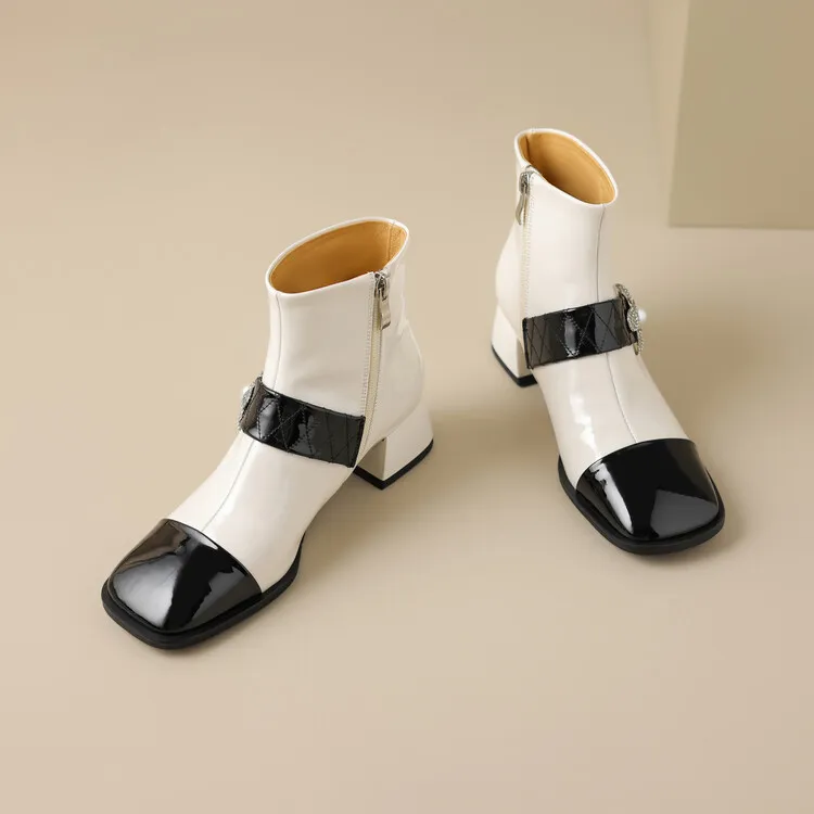Patent Leather Square Toe Ankle Winter Boots for Women with Chunky ...