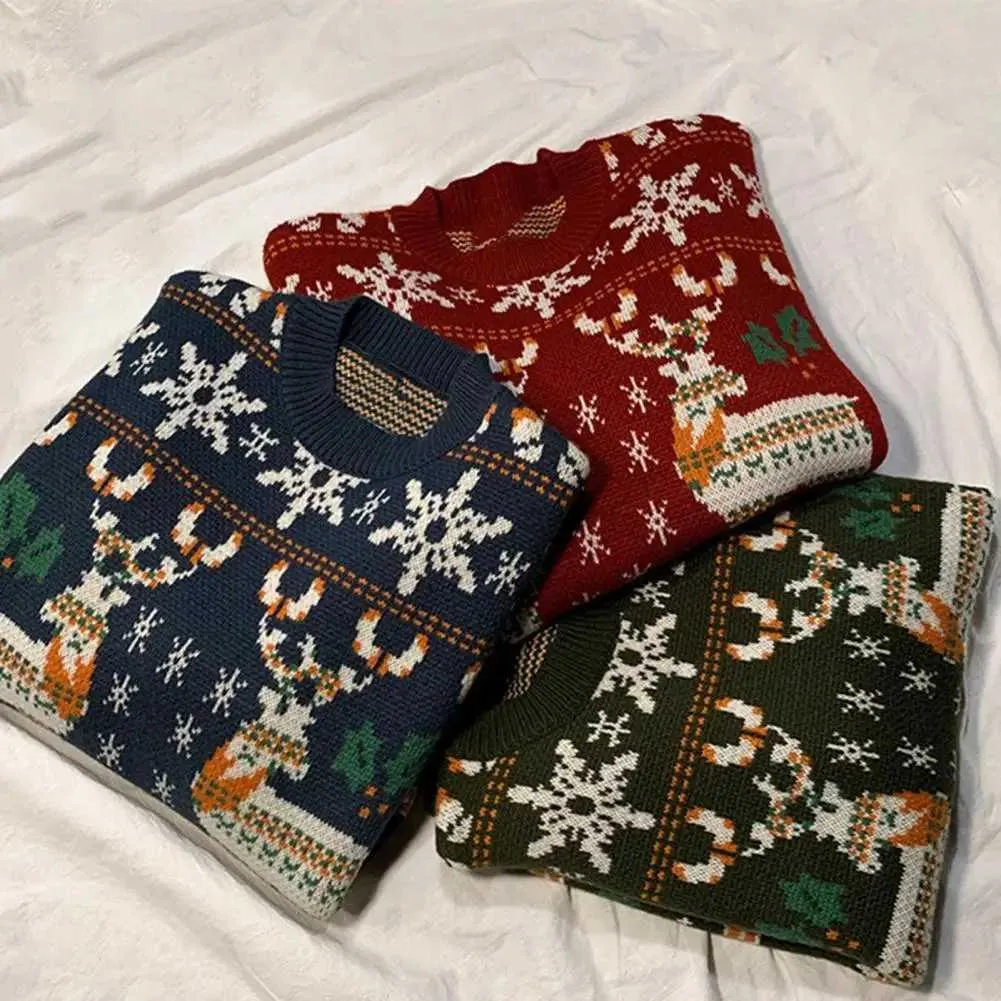Autumn Snowflake Christmas Sweater, Elk Round Neck Winter Sweater ...