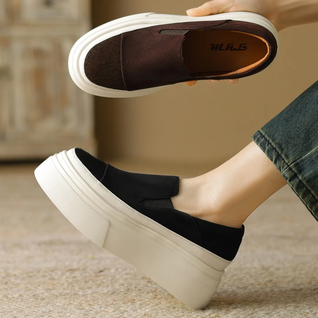 Premium Suede Leather Platform Loafers: Women's Slip-Ons, Comfort ...