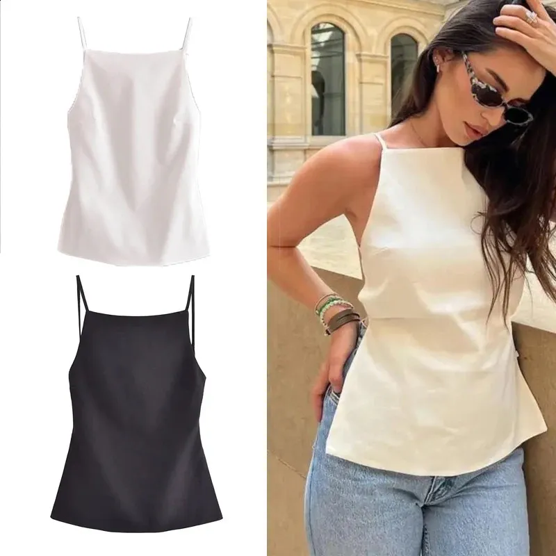 Women's Backless Sleeveless Crop Top - Black & White Strappy Tank Top ...
