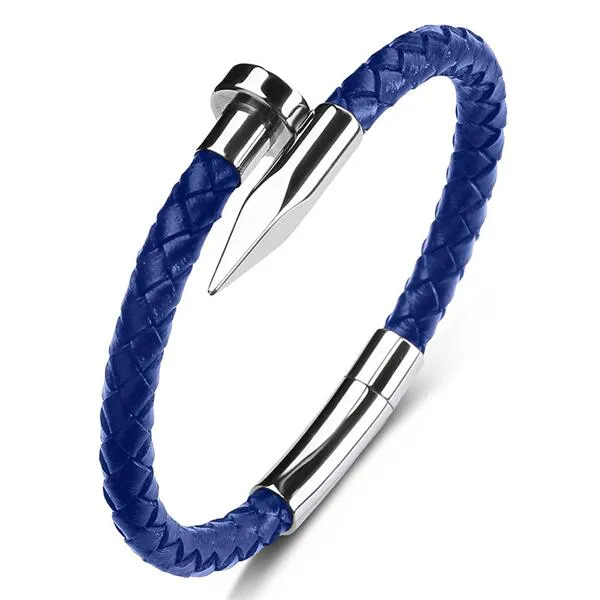 Handmade Woven Leather Bracelet with Gold Plated Stainless Steel Bullet Nail Charm