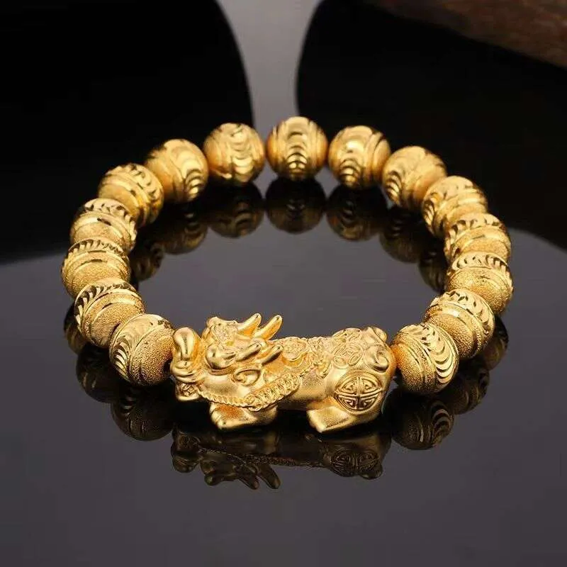24K Gold Plated Pixiu Bracelet - Thin-Walled, Hollow Design, Chinese ...