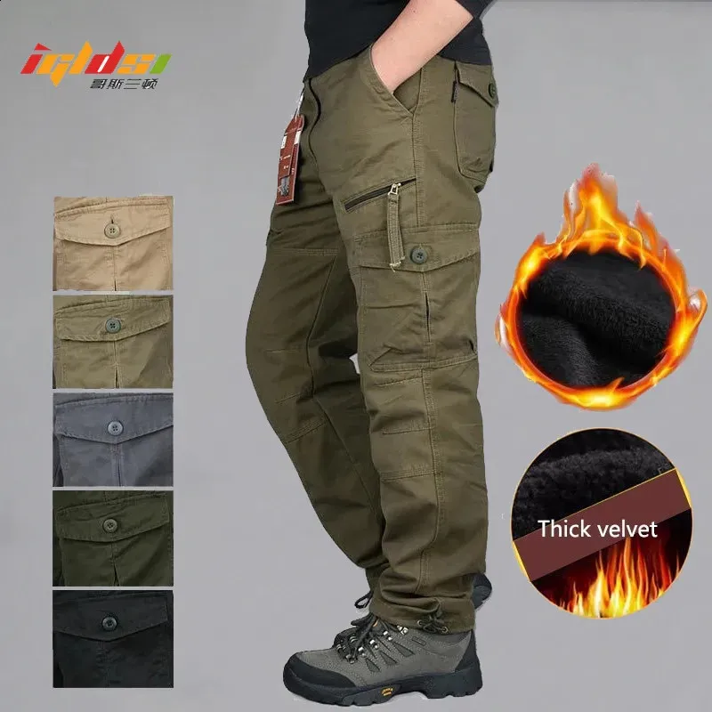 Winter Fleece Lining Cargo Pants Men Thick Warm Baggy Cotton Double ...