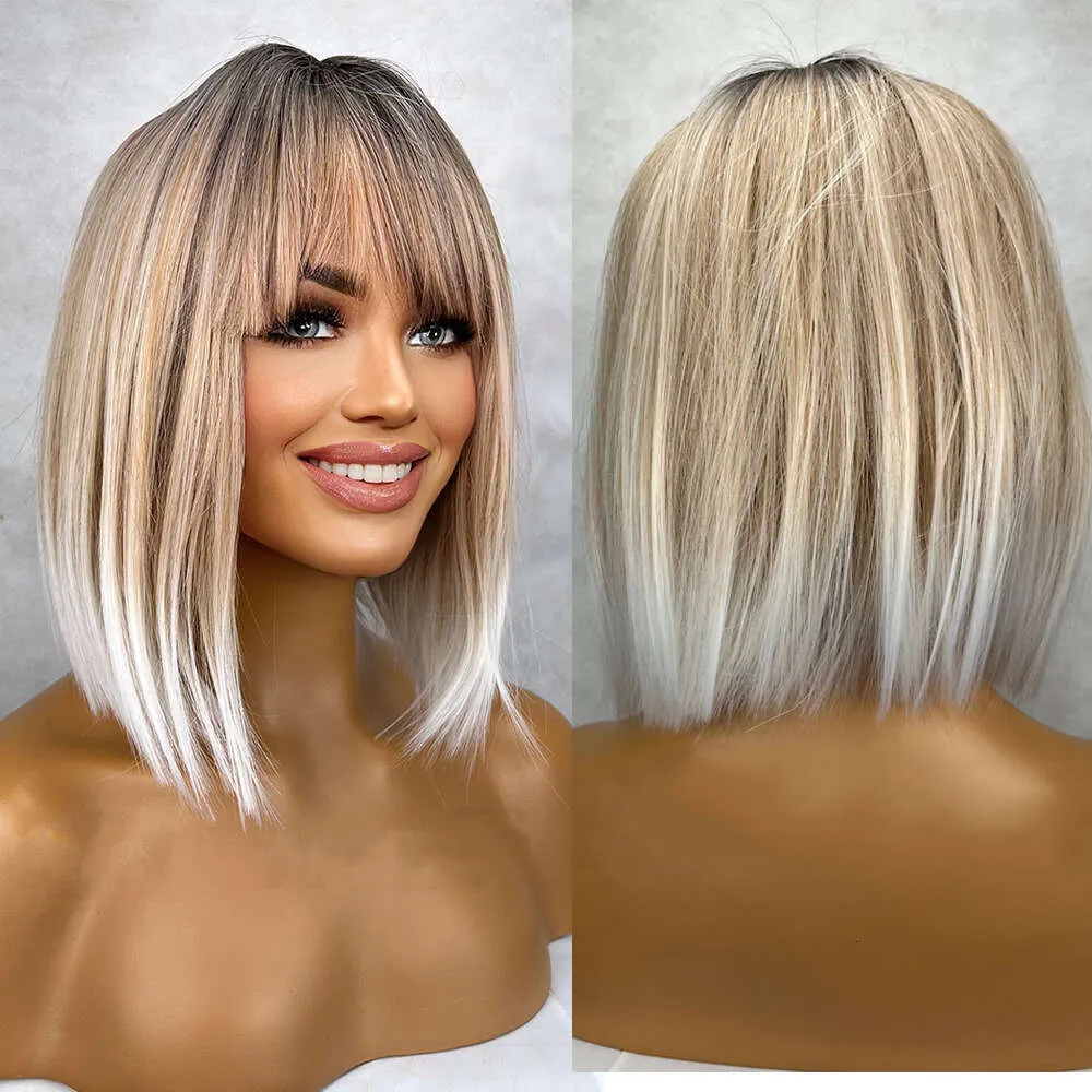 Short Ash Blonde Synthetic Bob Wig with White Balayage Highlights ...