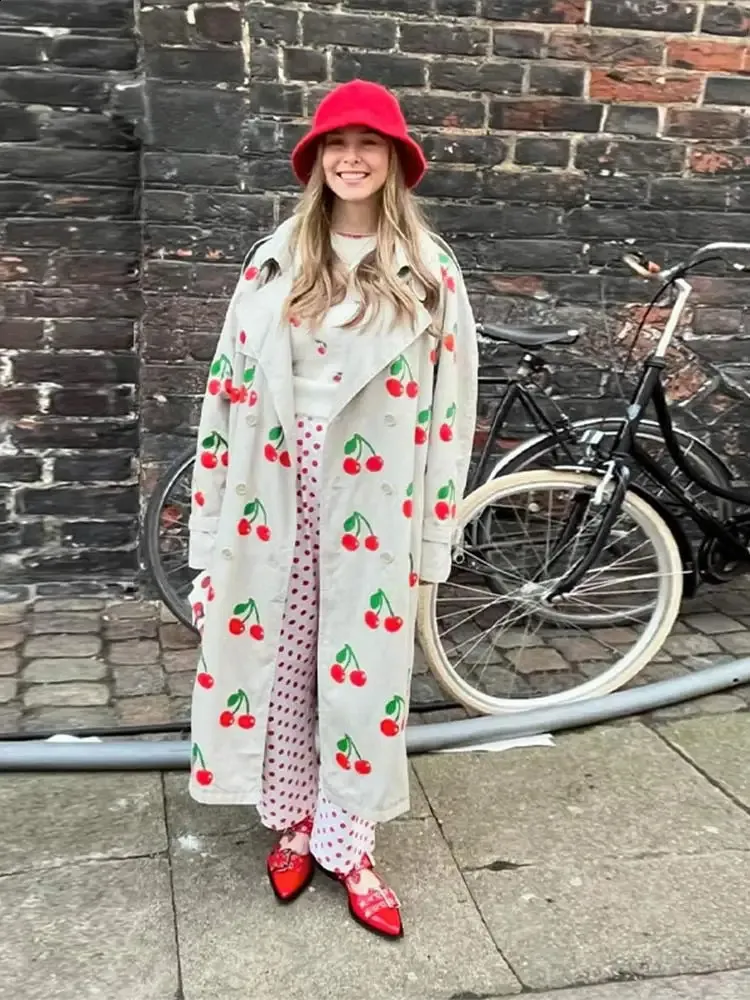 Women's Cherry Print Lapel Trench Coat - Casual Full Sleeve Button Long ...