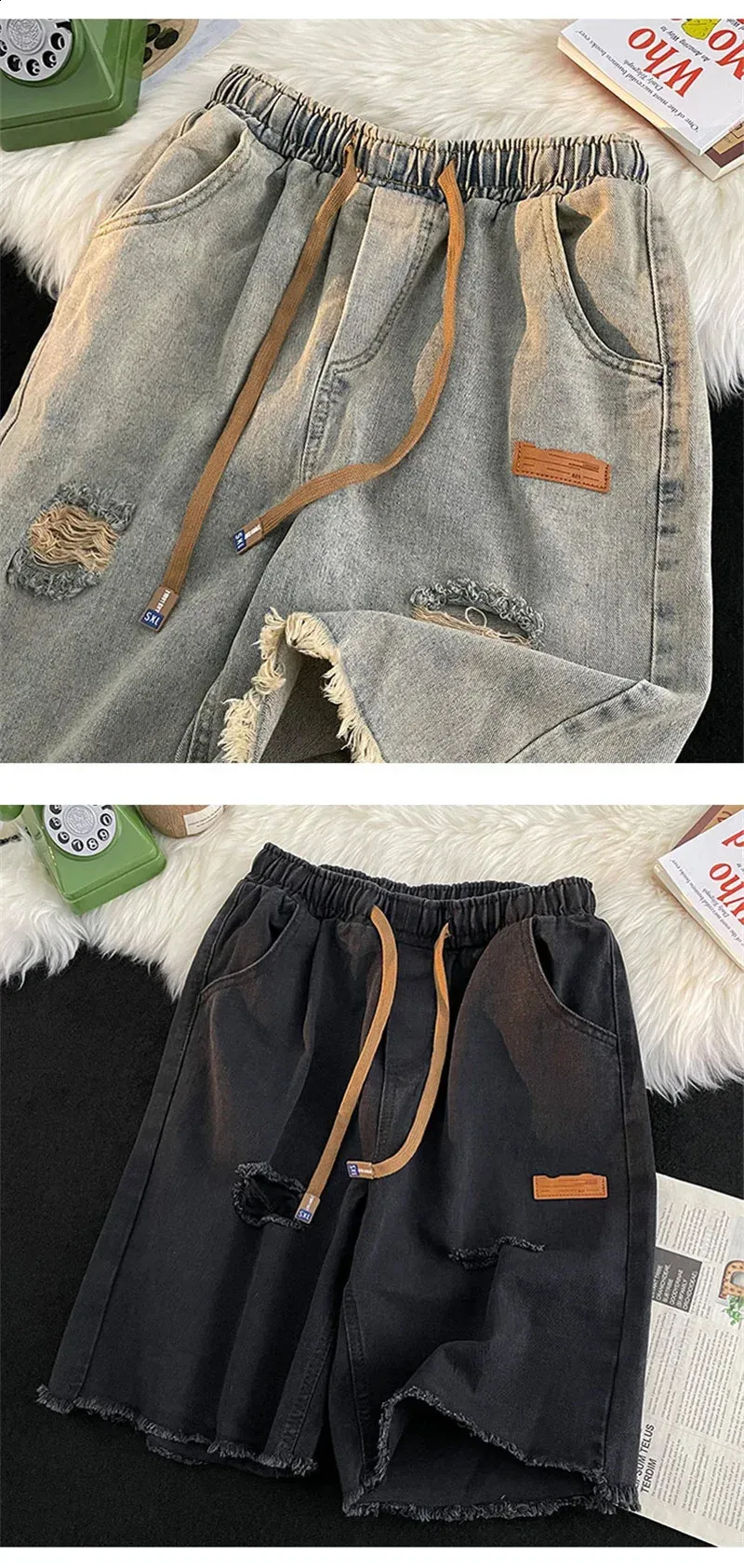 Men's Ripped Denim Bermuda Shorts - Y2K Vintage Streetwear, Baggy Wide ...