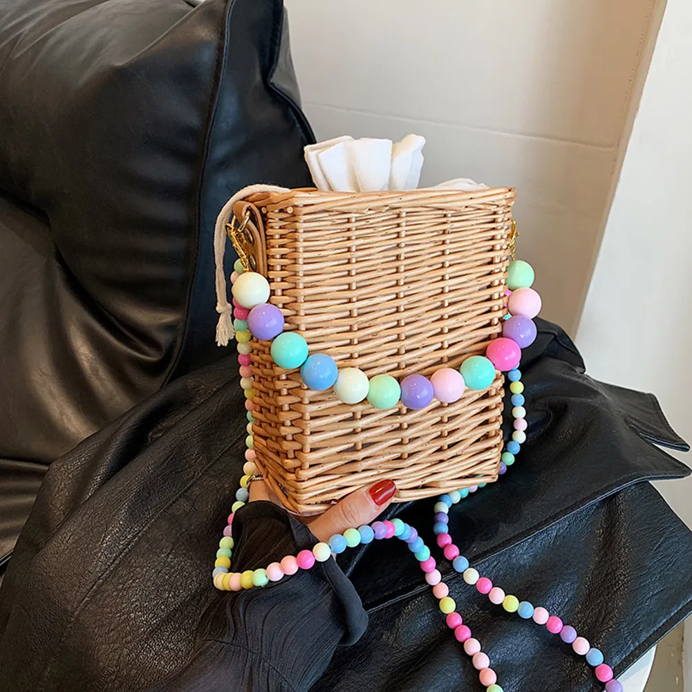 Large Woven Straw Tote Bag with Colorful Bead Strap - Beach, Travel ...