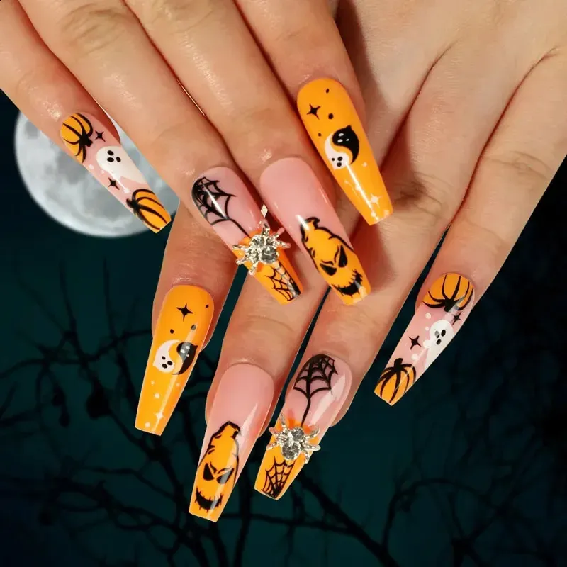 French Tip Fake Nails - Full Cover, Rectangular, Halloween Spiritual ...