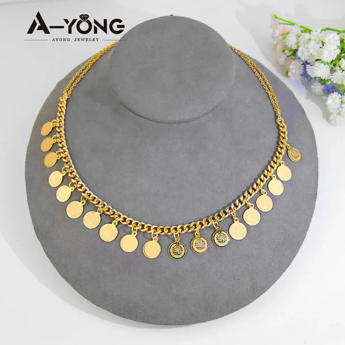 21k Gold Plated Arabic Coin Necklace Pendant with Cuban Chain - Middle ...