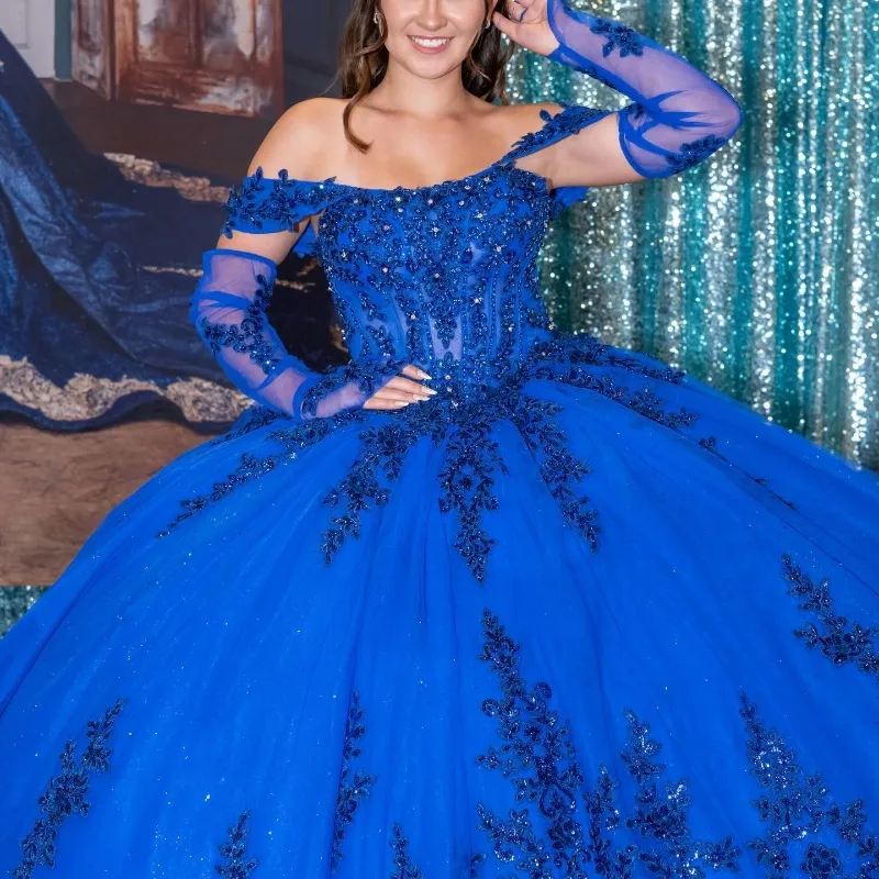 Elegant Royal Blue Quinceanera Gown: Off Shoulder Lace Applique Beaded Tulle Corset Ball Gown ...