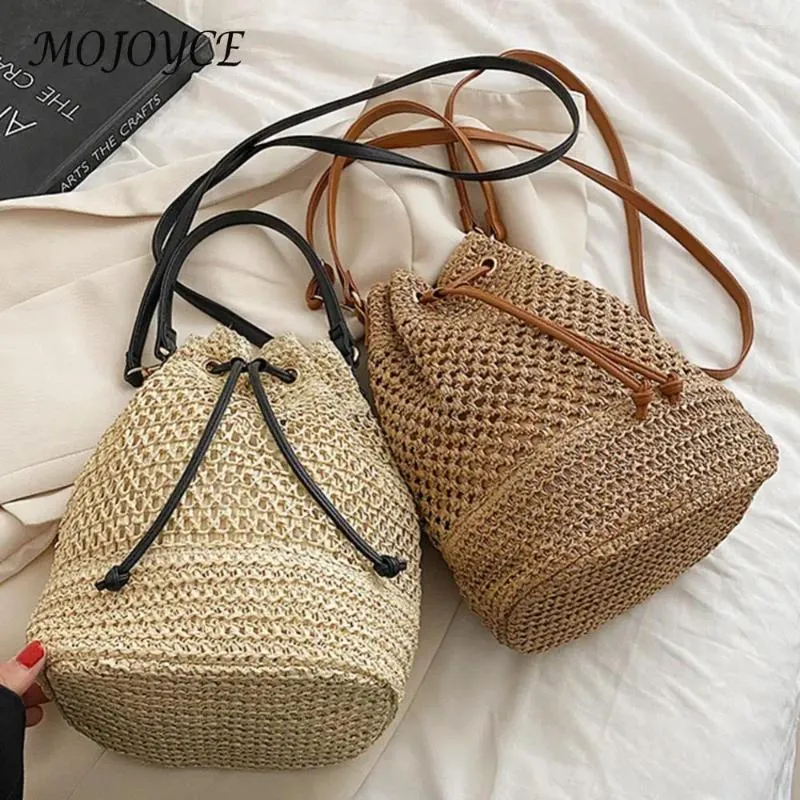 Elegant Summer Straw Bucket Bag - Drawstring Closure, Adjustable Strap ...