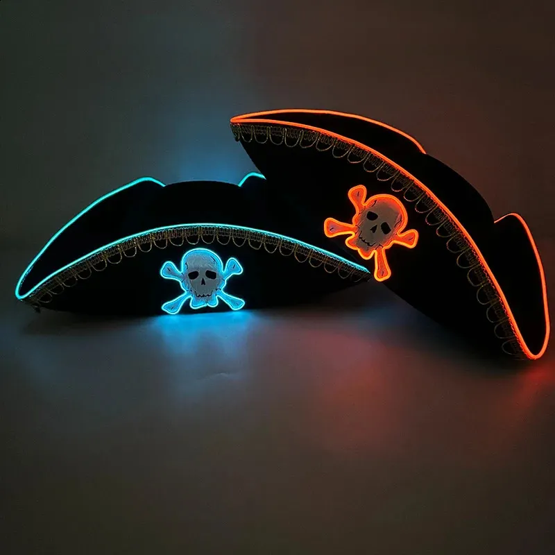 Black Skull Pirate Hat with Glowing Flash - Halloween Costume Accessory ...