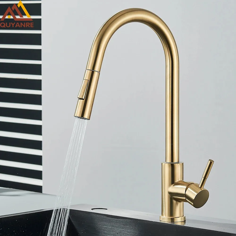 Brushed Gold Kitchen Faucet With Pull Out Sprayer,... From Tsukistore ...