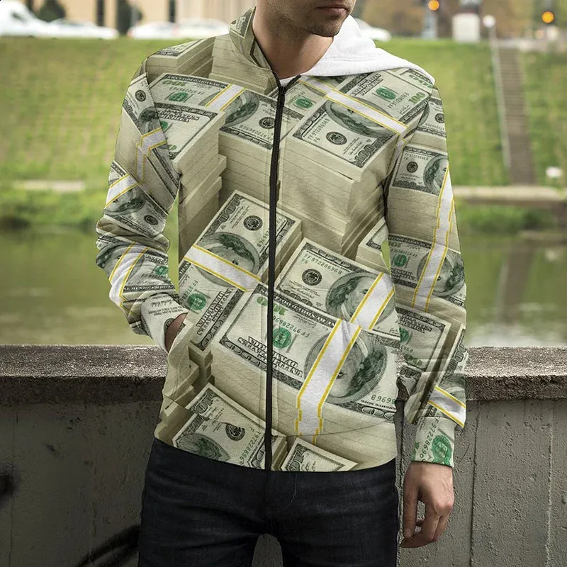 Mens 3D Printed US Dollar Banknotes Fashionable Zippered Hoodies For ...