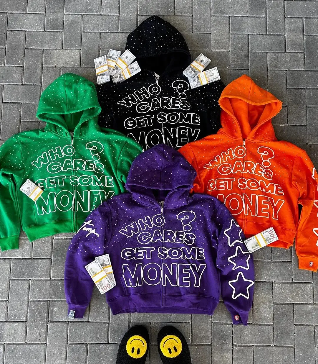 Women's Retro Streetwear Who Cares Get Some Money Applique Zip Hoodie ...