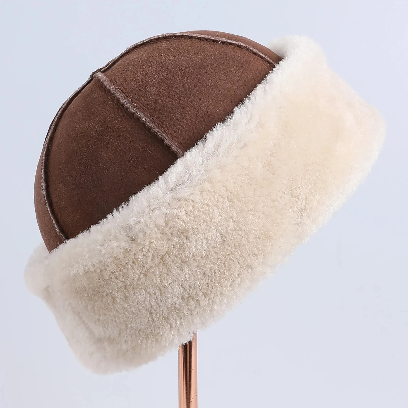 Hand Stitched Genuine Sheepskin Leather Shearling Wool Beanie Hat For ...