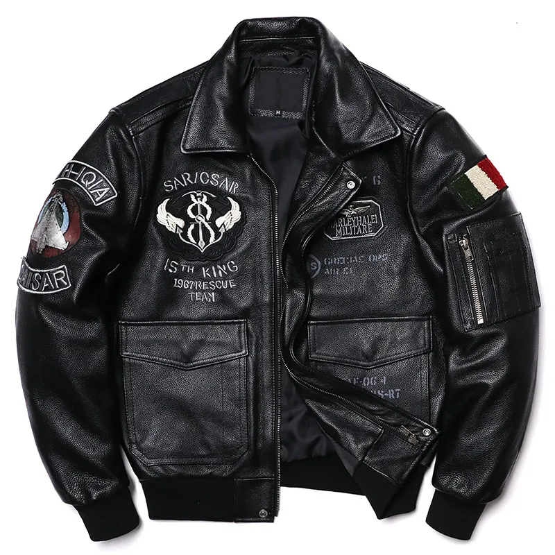 Men's Black Genuine Leather Motorcycle Jacket Cross Anchor Embroidery ...
