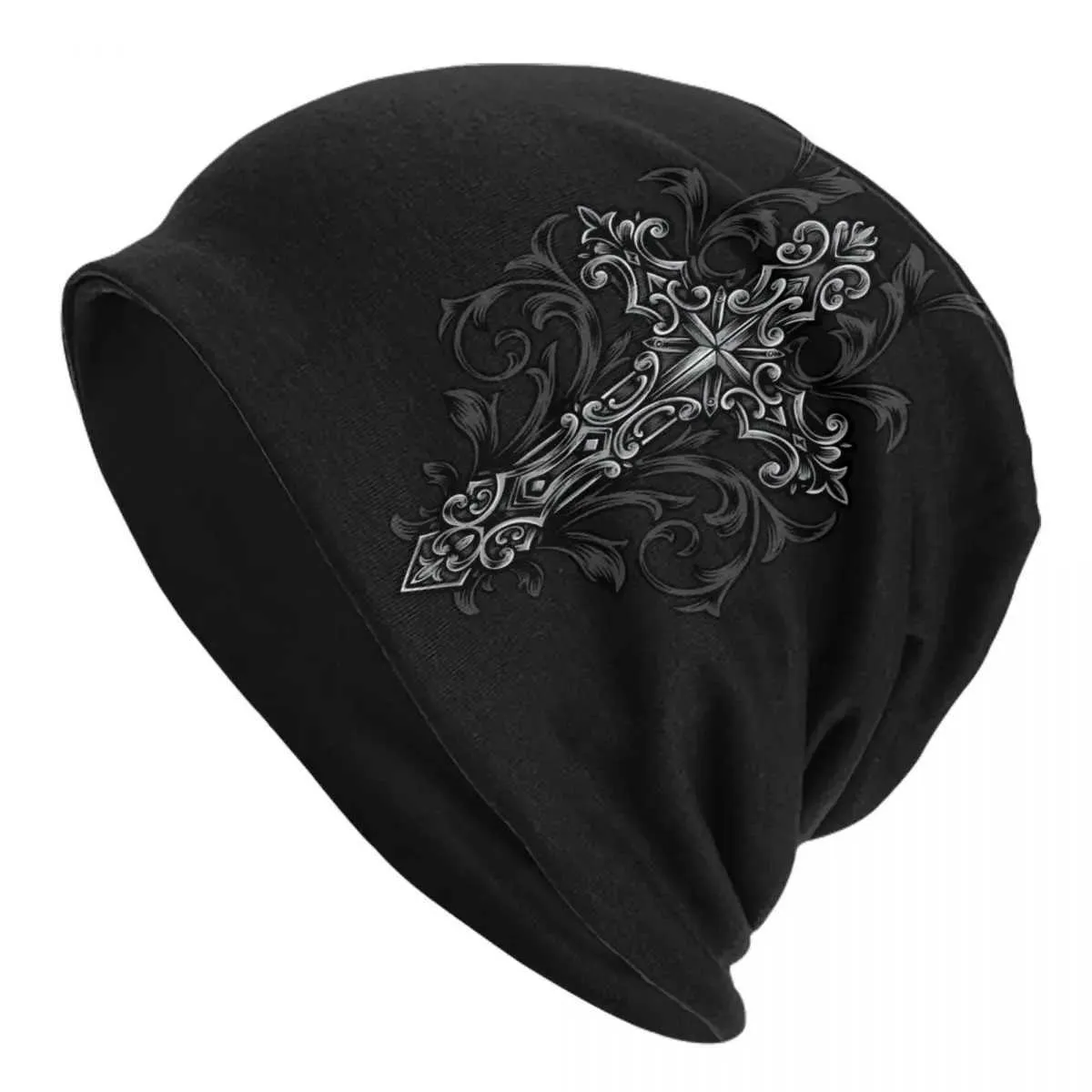 Black Gothic Cross Beanie - Knitted Skull Cap for Men, Winter ...