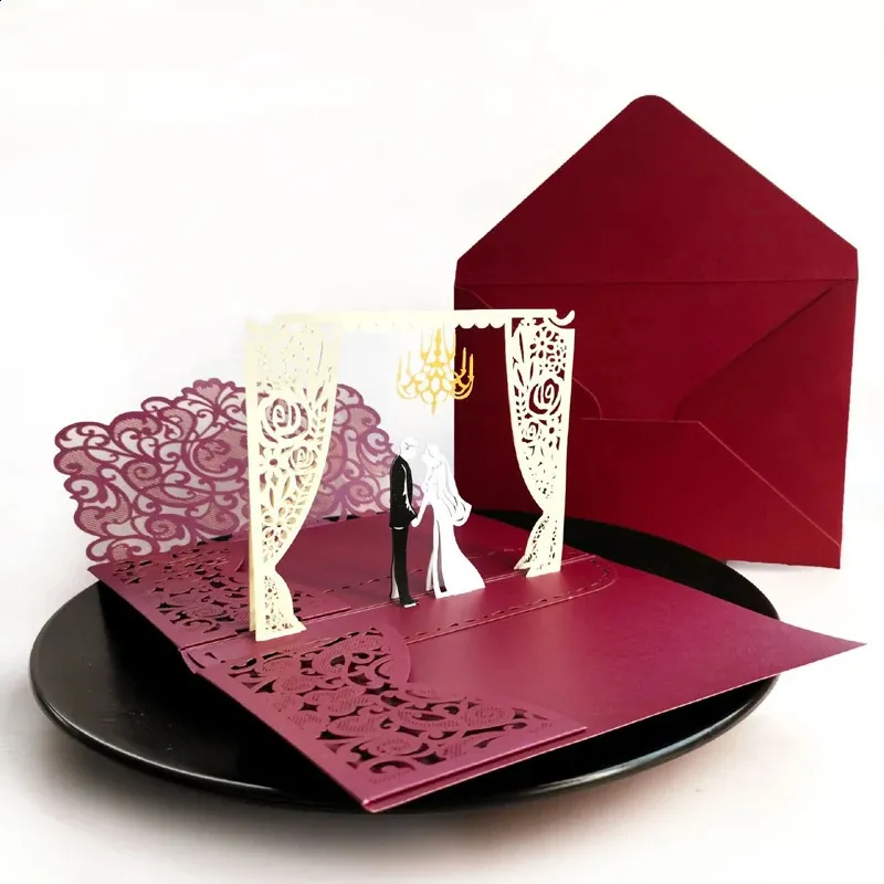 Handmade Wedding Invitation Cards 20 Burgundy Laser Cut Pocket ...