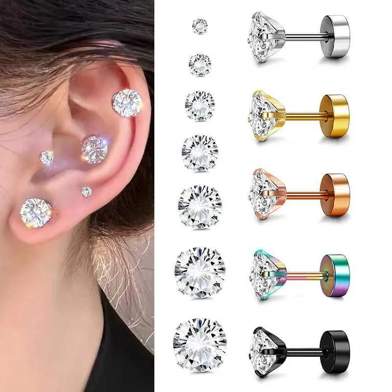 JewelryX Stainless Steel Tragus Stud Earrings Round Cubic Zirconia Flat ...