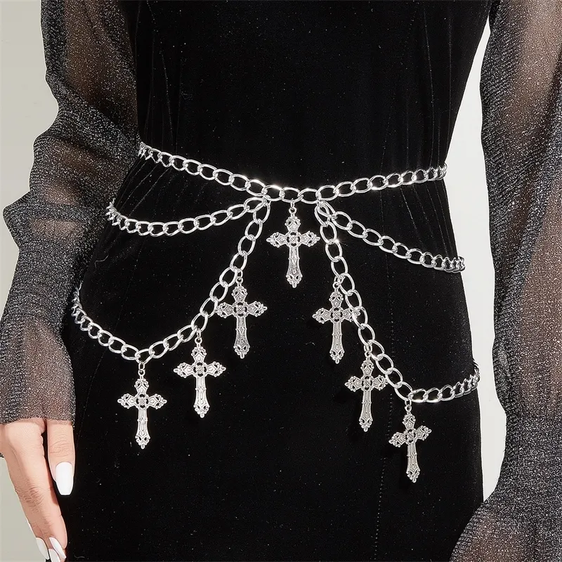 Adult Gothic Silver Cross Navel Body Chain Adjustable Punk Waist Strap ...